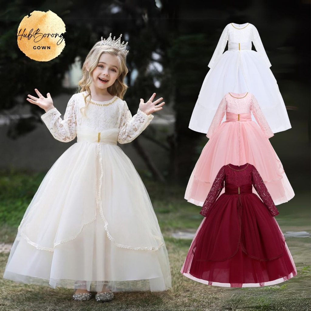 6-13y Gaun Kembang Labuh Lengan Panjang Majlis Harijadi Kahwin Akikah ...