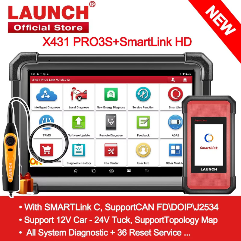 LAUNCH X431 PRO3S+SmartLink C HD 12V /24V Car Truck Diagnostic Scanner CAN FD\DOIP\J2534 ...