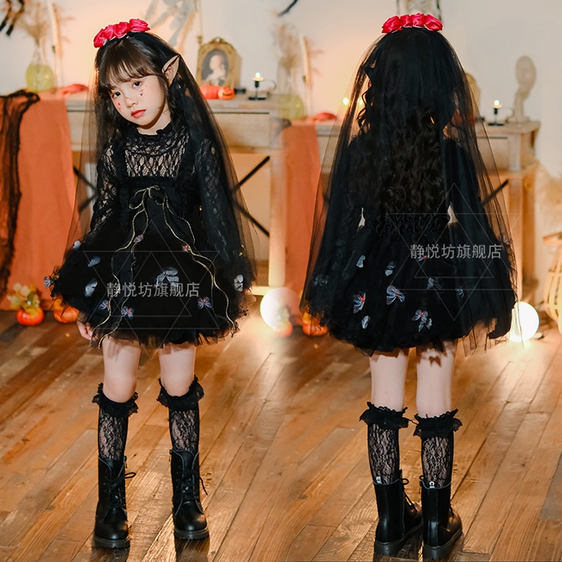 Ghost Bride Lace Black Dress For Kids Girl Halloween Horror Vampire ...