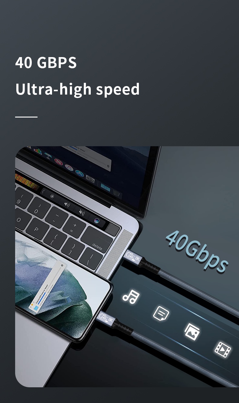 USB4 Compatible Thunderbolt 4 Cable 40Gbps PD240W 5A 8K@60HZ Type C Cable Super Speed Data ...