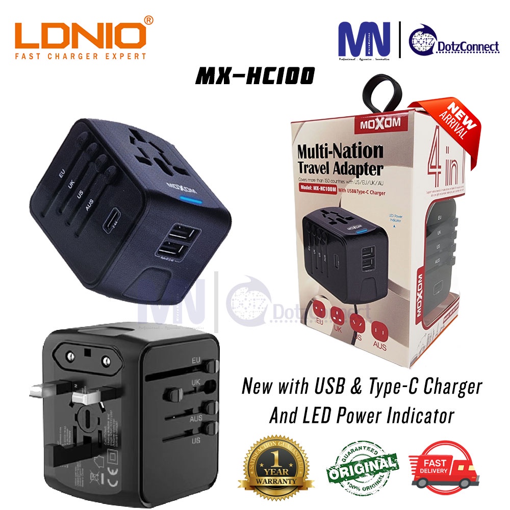 MOXOM MX-HC100 ( HC100 ) Multi-Nation Travel Adapter 4 in 1 with USB ...