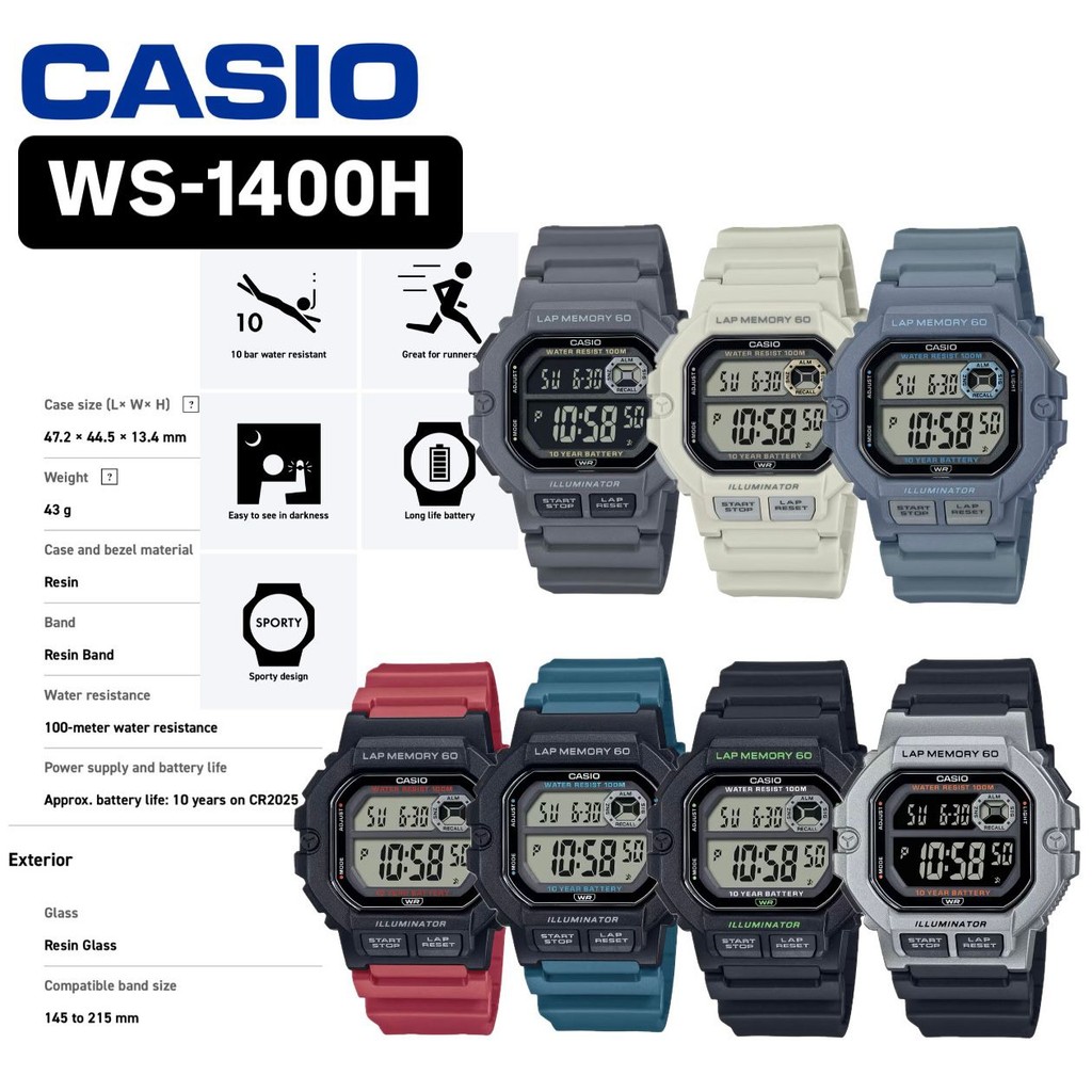[ OFFICIAL CASIO WARRANTY ] CASIO WS-1400H SERIES DIGITAL SPORT LAP ...