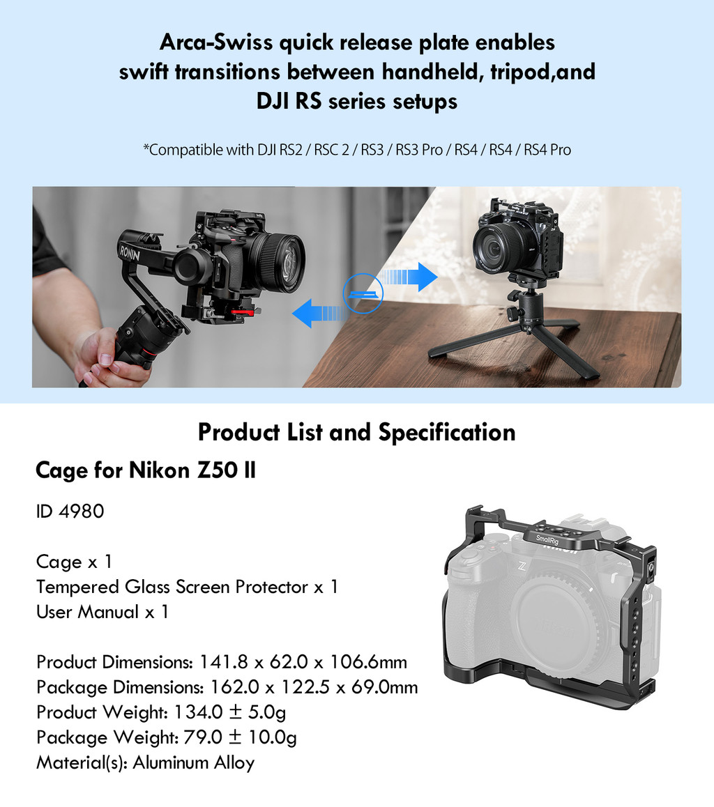 SmallRig Cage for NIKON Z50 II 4980 Arca Swiss Quick Release Plate ...