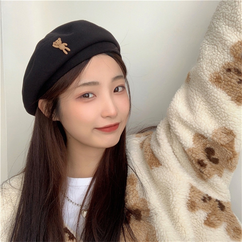 Literary style temperament Vintage Brown/black Solid Color Woolen Beret ...