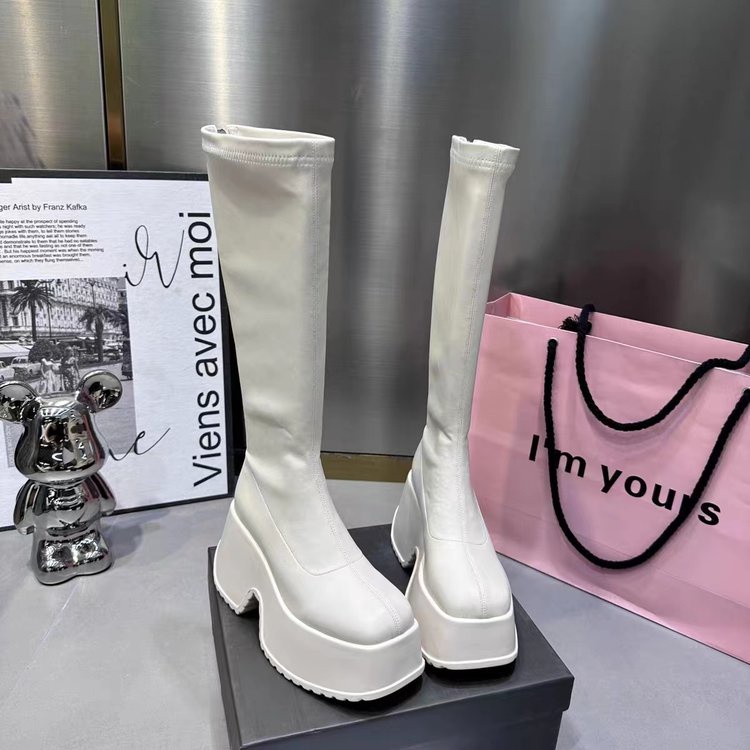 Round Toe Platform Sole Knight Boots High Tube PU Boots Sleeve | Shopee ...