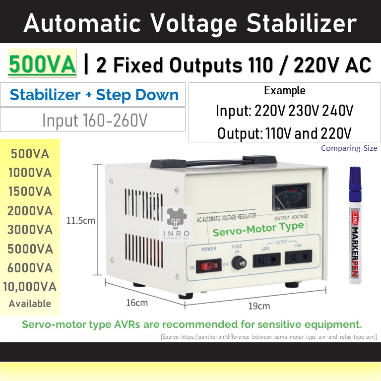 [500VA] 2 Fixed Outputs 110V 220V -- 240V to 220V Automatic Voltage Regulator / Stabilizer 500VA ...