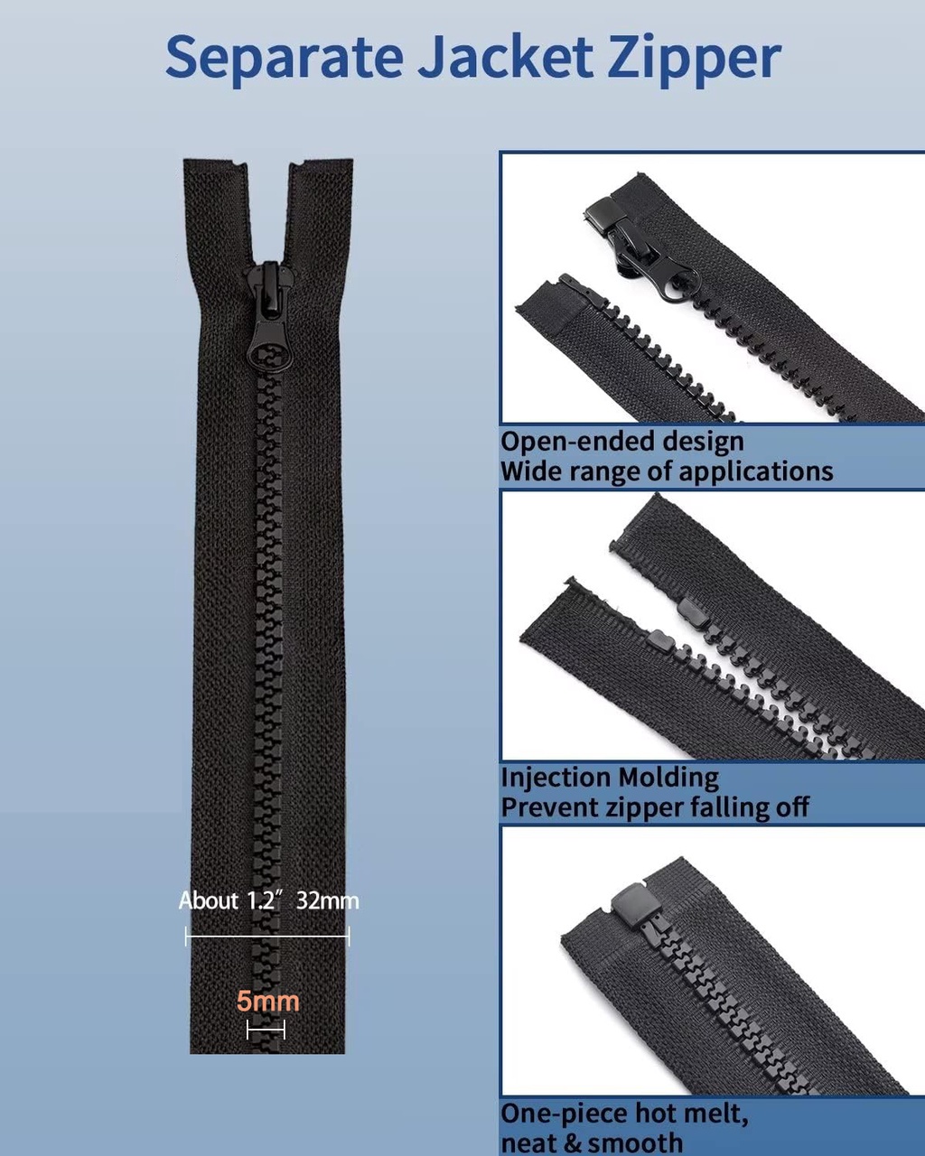 (1 Piece) 5# Resin Zipper, Double Slider Zipper Replacement, Separating ...