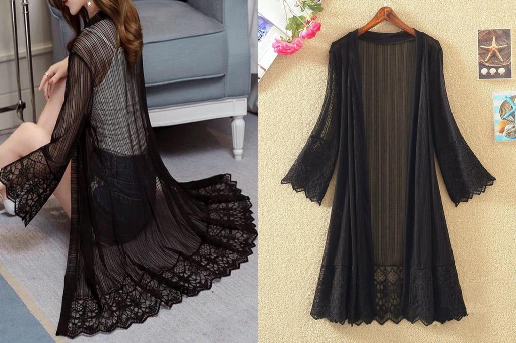 RR Summer Cardigan Mid Long See-through Lace Open Front Sheer Sun ...