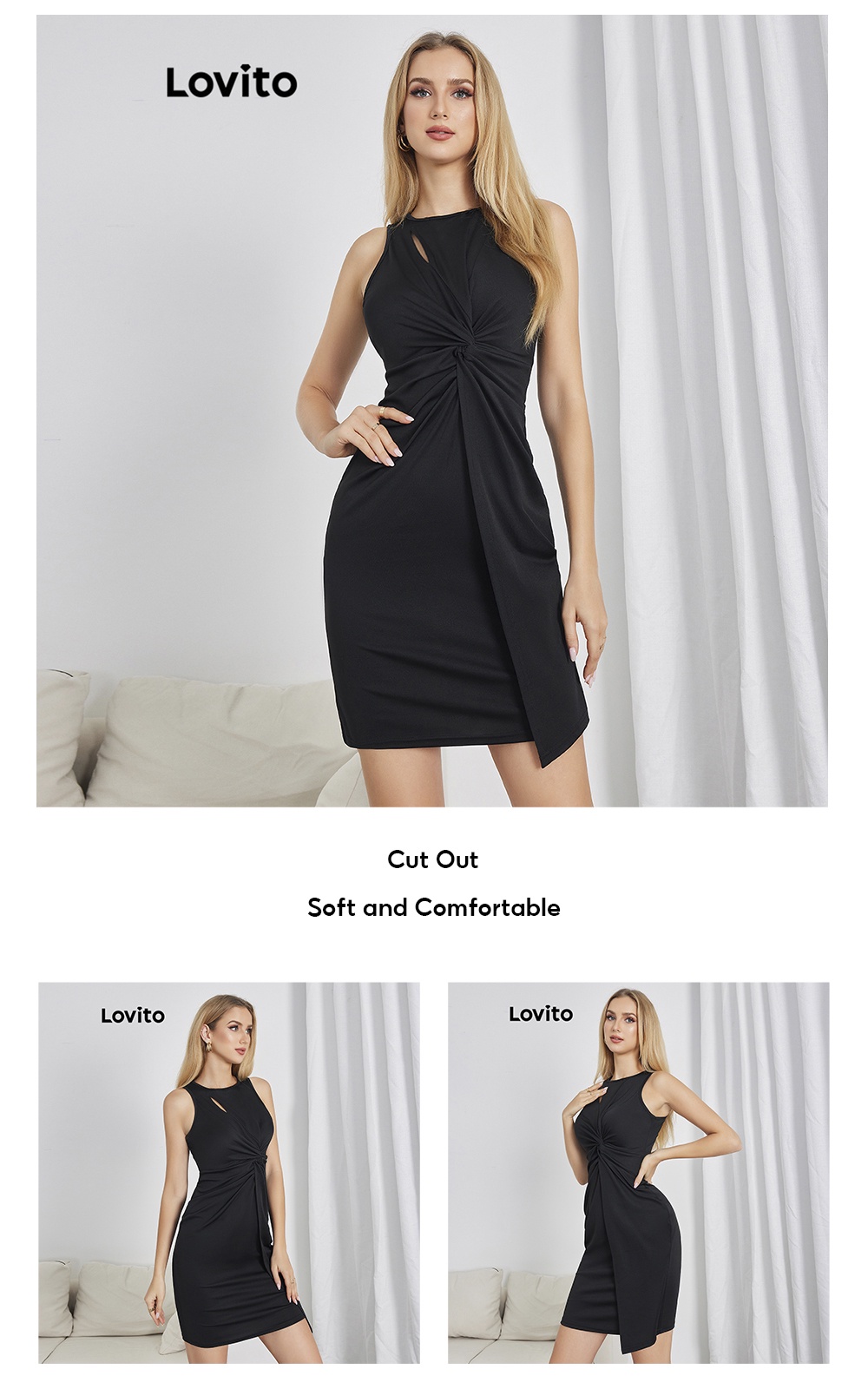 Lovito Elegant Plain Cut Out Knot Dress for Women LBE04035 (Black ...