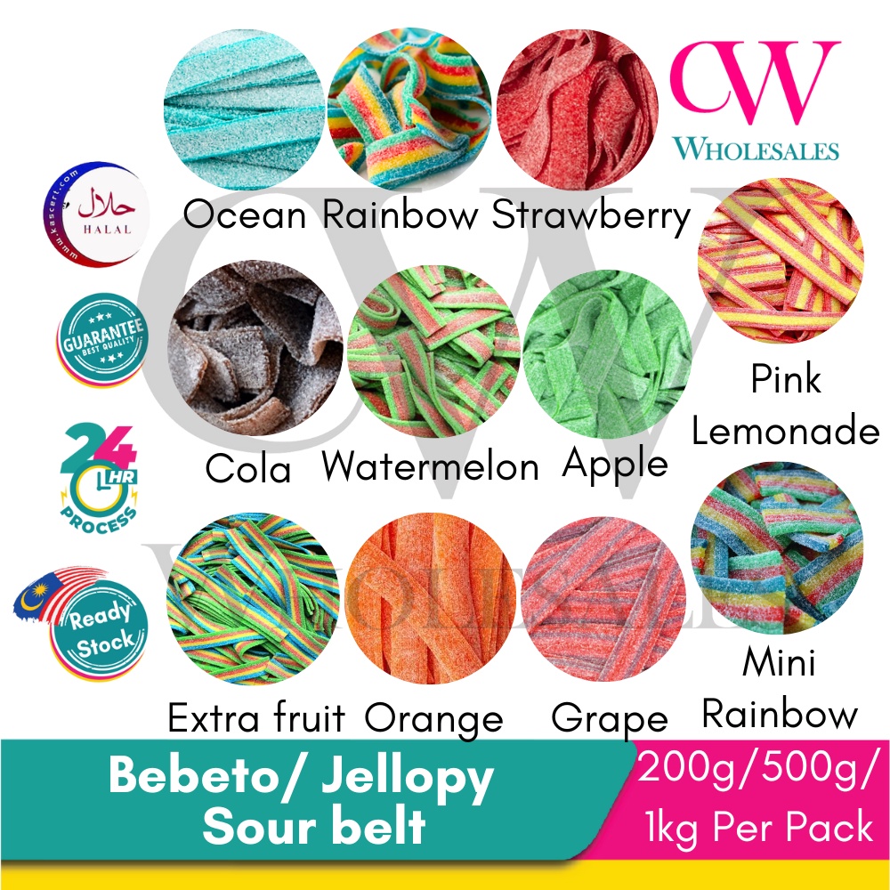 Halal Bebeto Jellopy Sour Blast Belt Assorted Flavors 200g 500g 1kg Per ...