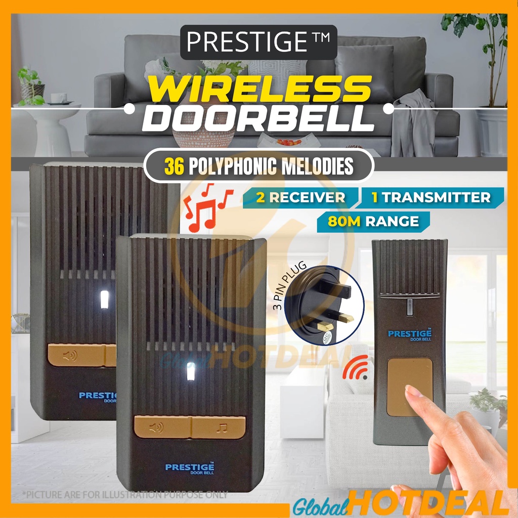 PRESTIGE 2 RECEIVER 1 TRANSMITTER Wireless Doorbell 80M Radius Security ...