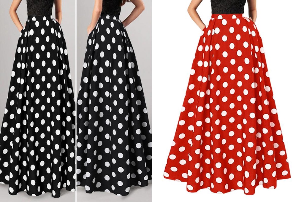 RR Dot Print Skirt High Waist Skirt Vintage Polka Dot Maxi Skirt with ...