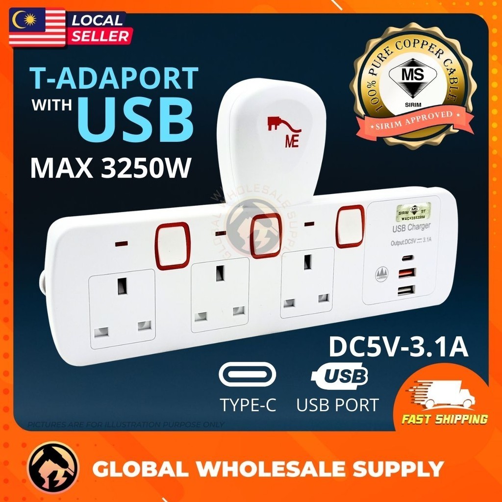 [SIRIM] T-ADAPORT USB TYPE C Port 3.1A Trailing Extension Socket ...