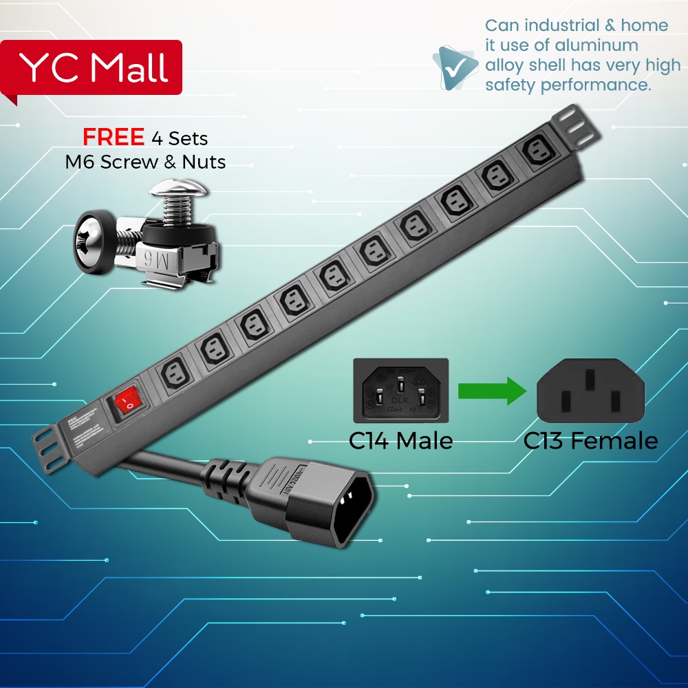 1U Rackmount C14 Input To 10 Unit C13 Output PDU 250V 10A 1.8M ...