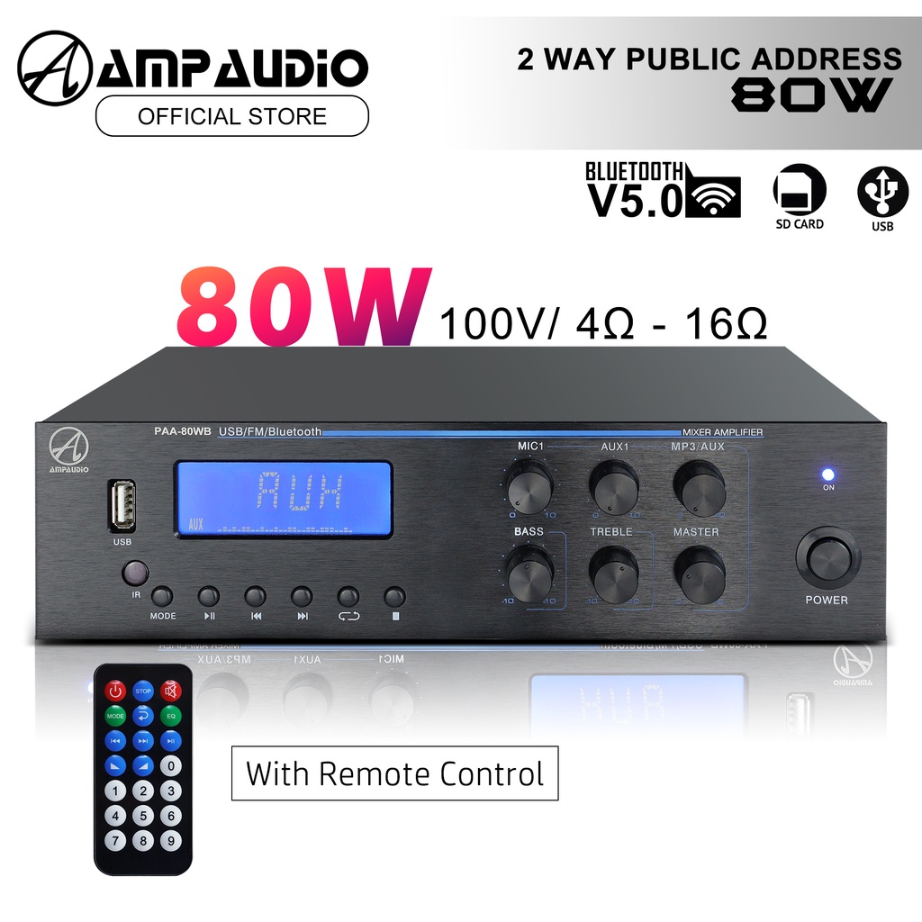 AmpAudio 80W Public Address Amplifier With Bluetooth USB Amplifier ...