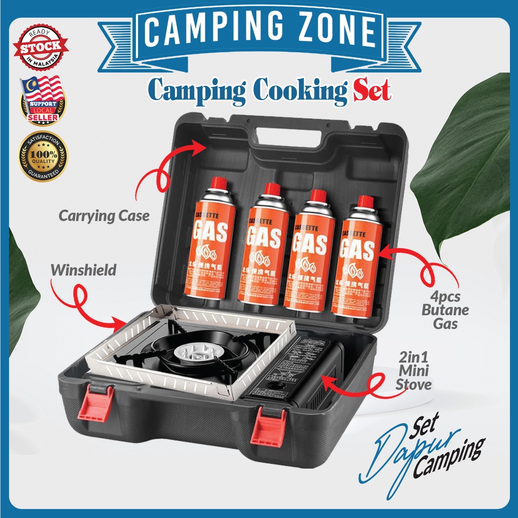 Black Complete Camping Cooking Full Set with Mini Stove 4 Butane ...