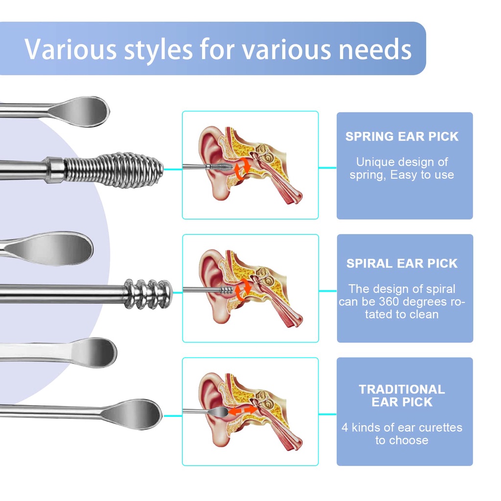 6 Pcs Ear Cleaner Wax Removal Ear Pick Cleaning Set Tool Spoon Ear ...