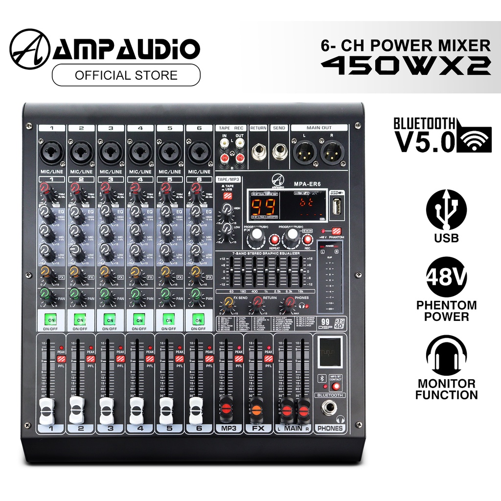 AmpAudio 6 Channel Power Mixer With DSP Monitor Phantom Power ...