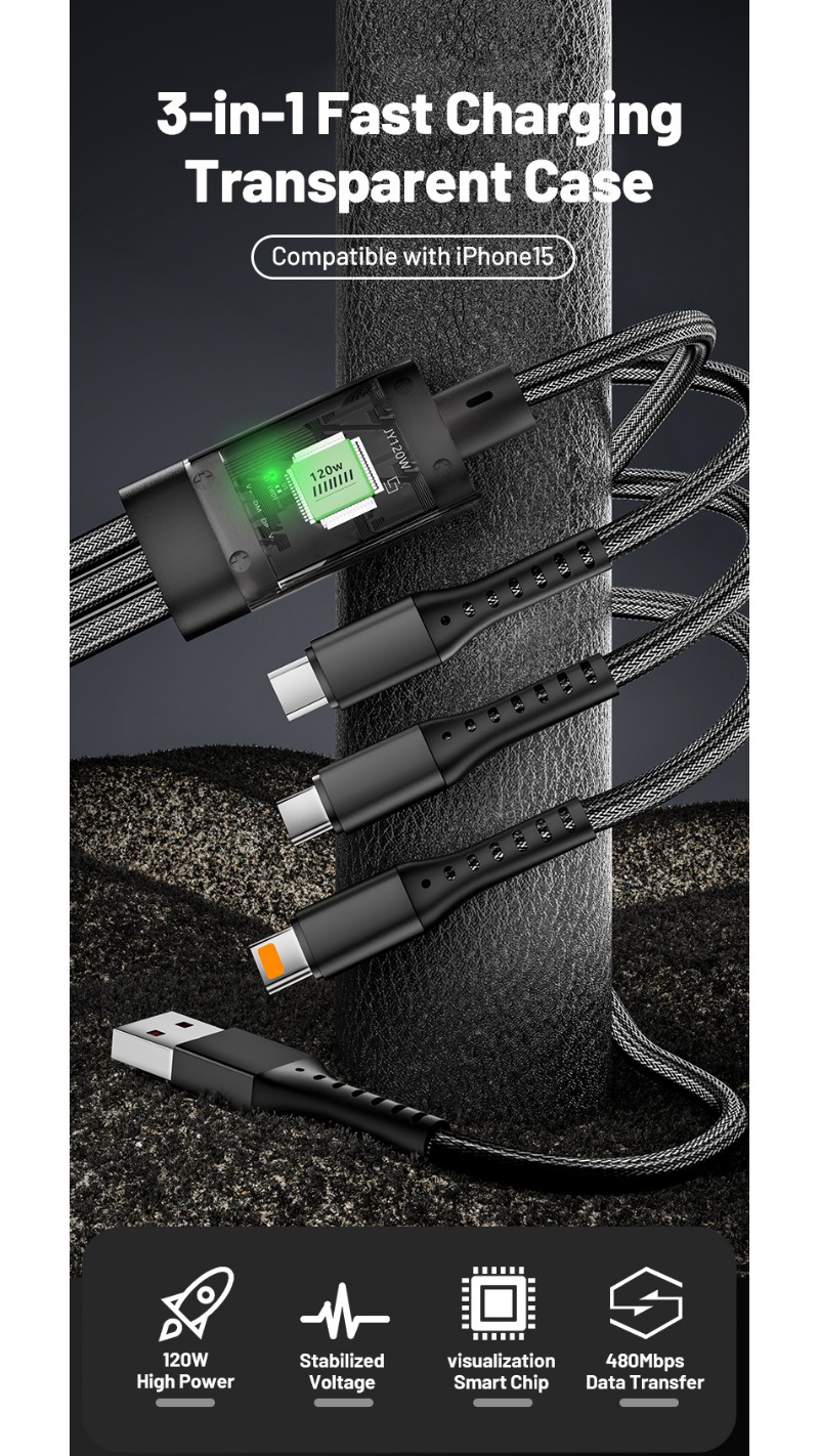 120W 3 in 1 Super Charging Cable 6A Micro USB Type C Braided Fast ...