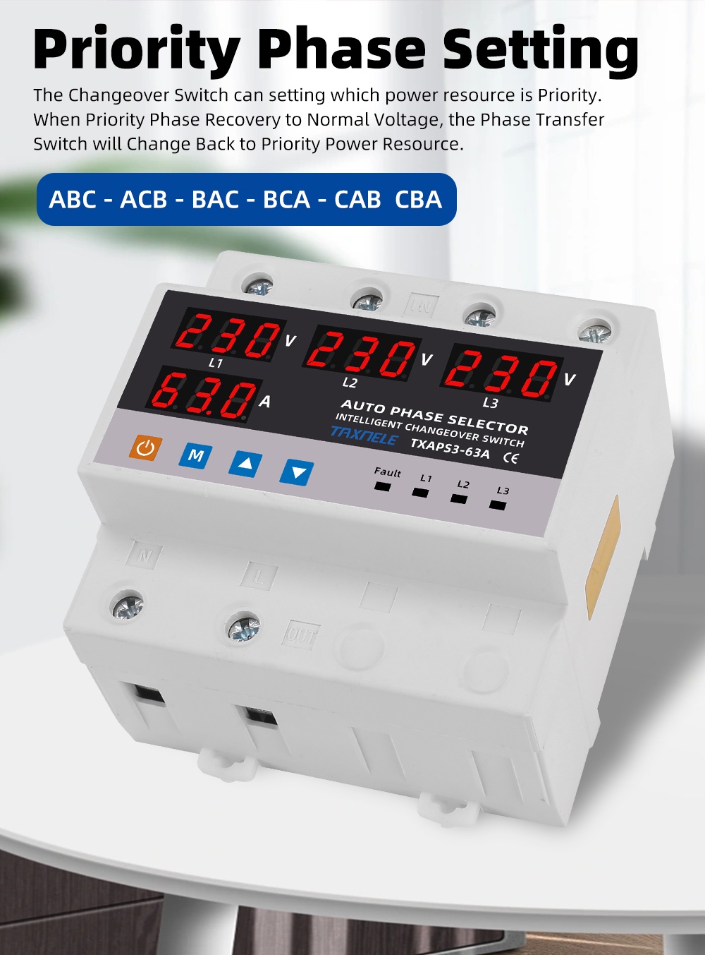 63A 3 phase 3P+N Din rail phase selector adjustable Over and Under ...