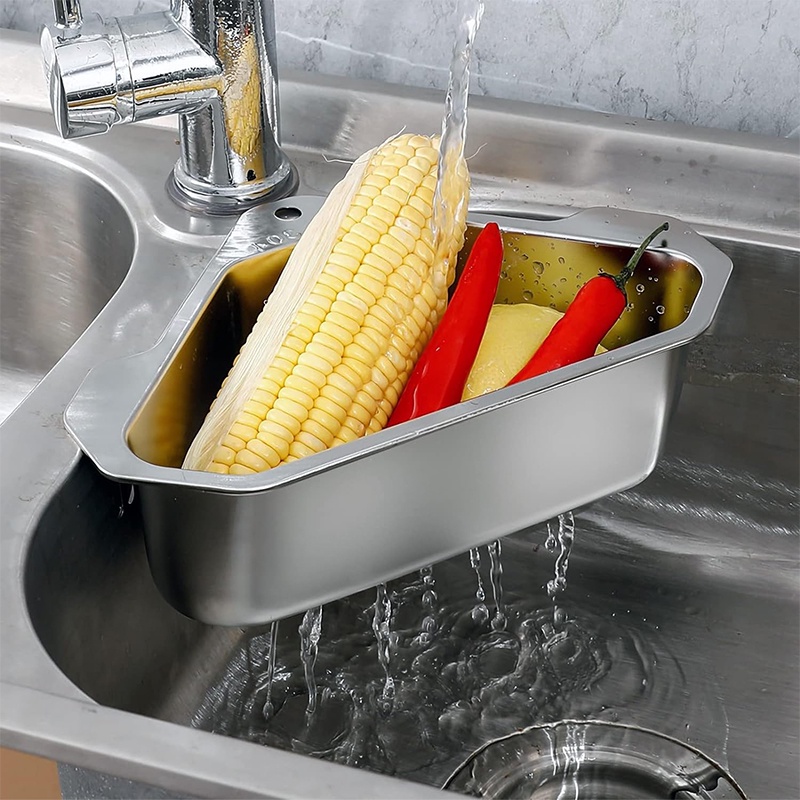 304 Stainless Steel Corner Strainer Sink Drain Basket Hangable Triangle ...