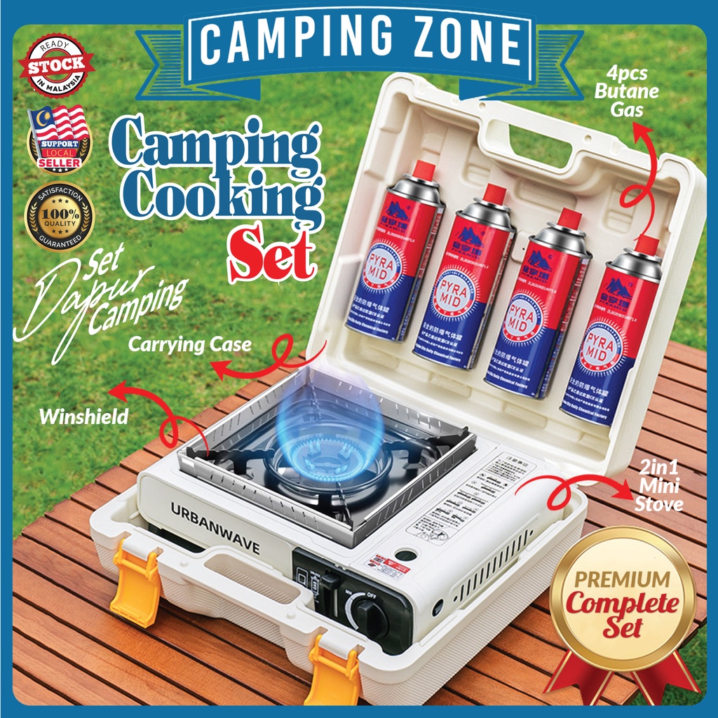 White Complete Camping Cooking Full Set with Mini Stove 4 Butane ...