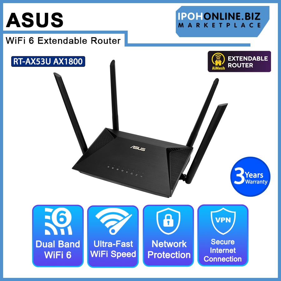 ASUS RT-AX53U AX1800 Dual Band WiFi 6 Extendable Router, Subscription ...