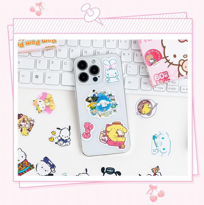 60pcs Box Sanrio Handbook Sticker Set Hello Kitty Kuromi Cinnamoroll