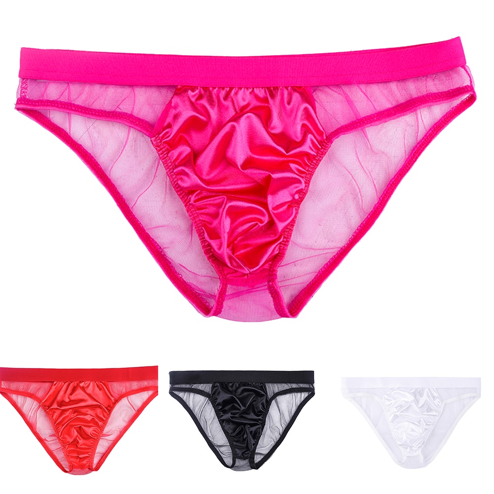 Men Mesh Satin Briefs Perspective Panties Low Waist Breathable Bikini