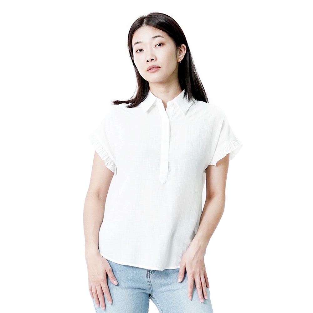 Nicole Fold Over Collar Loose Fit Sleeve Opening with Frill Blouse (2 ...