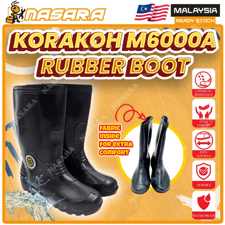 Nasara Korakoh M6000A PVC Rubber Safety Boot Highcut With Fabric Inside Black Rubber / Kasut ...