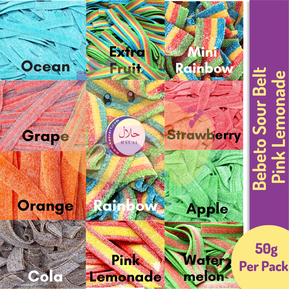 Halal Vegan Bebeto Jellopy Sour Belt Assorted Flavour 50g|Mix Jelly ...