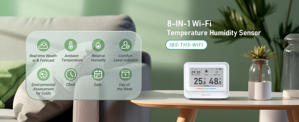 INKBIRD IBS-TH5-WIFI 8-in-1 Indoor Temperature and Humidity Monitor Home Weather Station Indoor ...