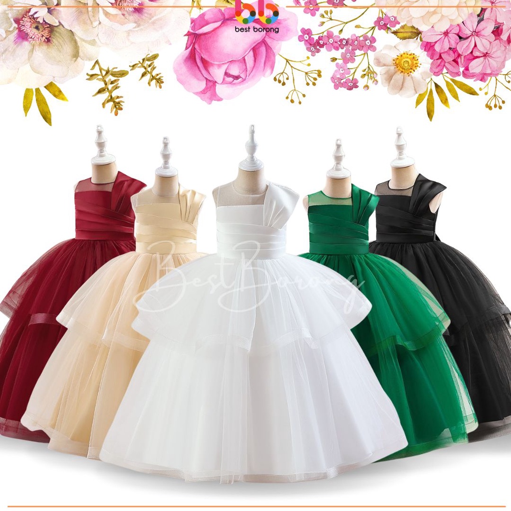 4-14Y Princess Children Girl Long Dress Plain Short Sleeve Gaun Labuh ...