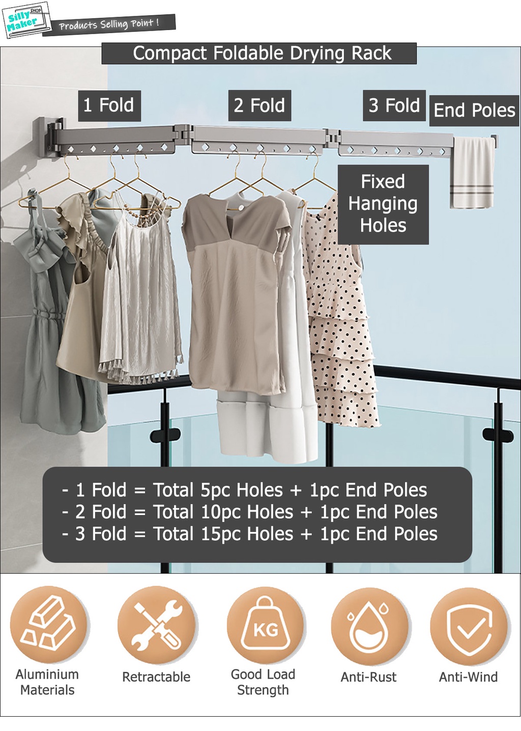 (Compact) Balcony Wall Mounted Retractable Foldable Clothes Drying Rack ...