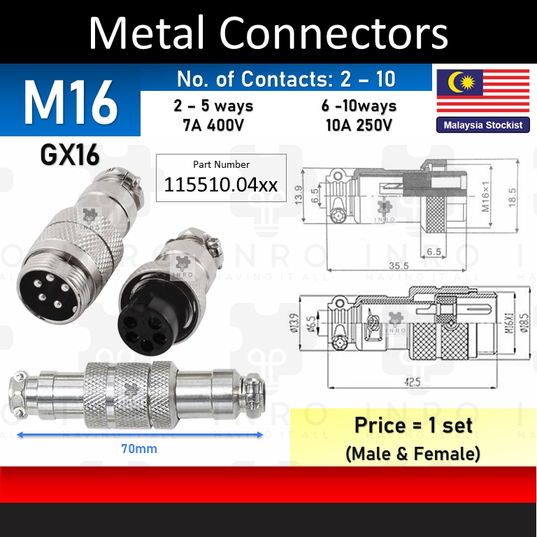 [1 set Male + Female Both In Line] GX16 M16 Aviation Connector Socket, 16mm Metal Connector 2P ...