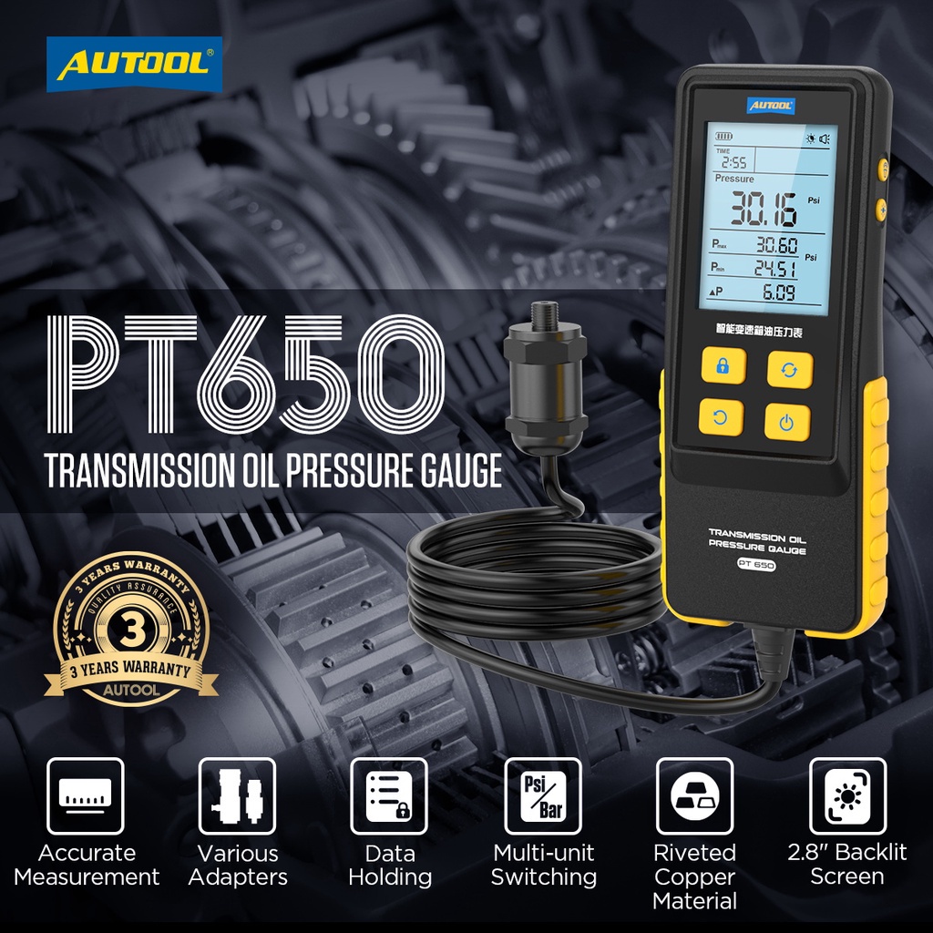 AUTOOL PT650 Transmission Oil Pressure Gauge 0~426.6psi Wide Measuring ...