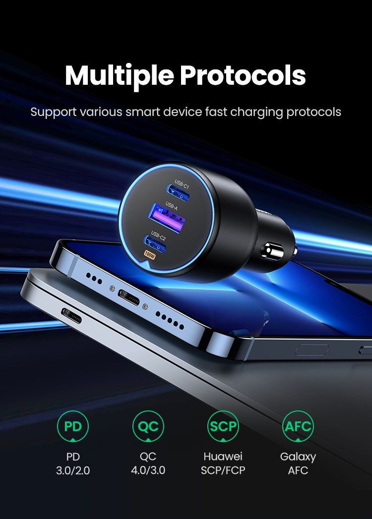 UGREEN 130W Car Charger 3 Ports PD 100W 30W SCP 22.5W Fast Charge USB-C QC 4.0 iPhone 16 Pro ...