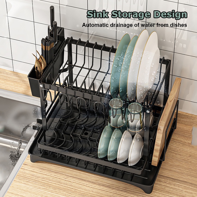 SKOI 2 Layer Kitchen Countertop Dish Drying Rack Stainless Steel Dish Drainer Cutlery Storage ...
