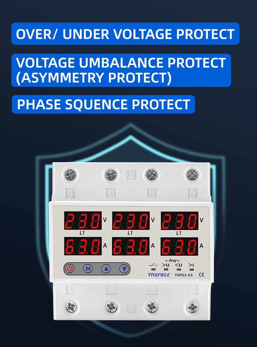 63A 100A 220V 380V Three Phase Voltage Current Protector 3P Over Under ...