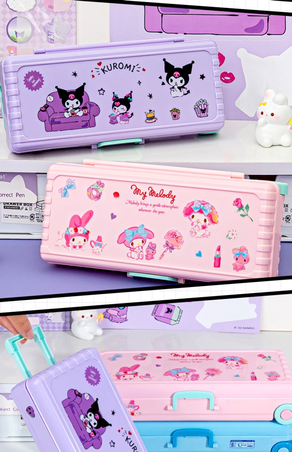 Kuromi Double Layers Plastic Pencil Box Cute Pen Box Organizer Plastic ...