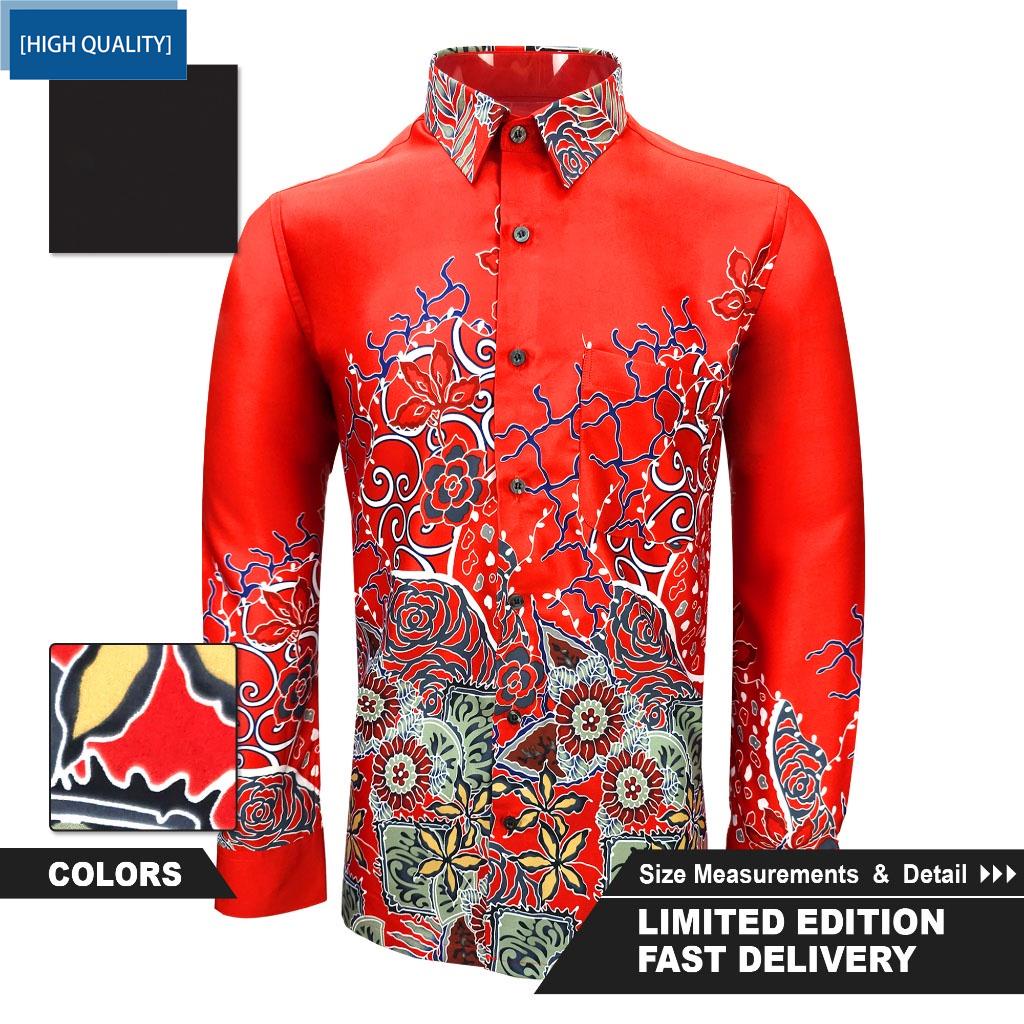 (Slim Cutting) Red Color Malaysia Men Batik Long Sleeve Kemeja Batik ...