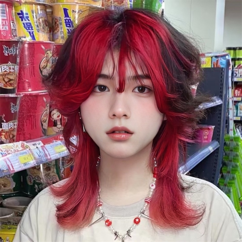 Black and red highlights, mullet head, personality wig, unisex anime ...