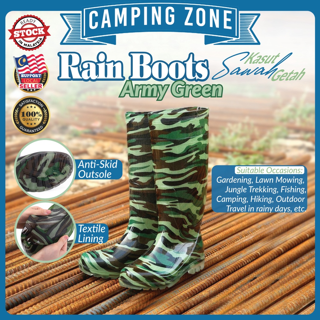 Long Camouflage Rain Boots Army Green Waterproof Rain Shoes Kasut Getah ...