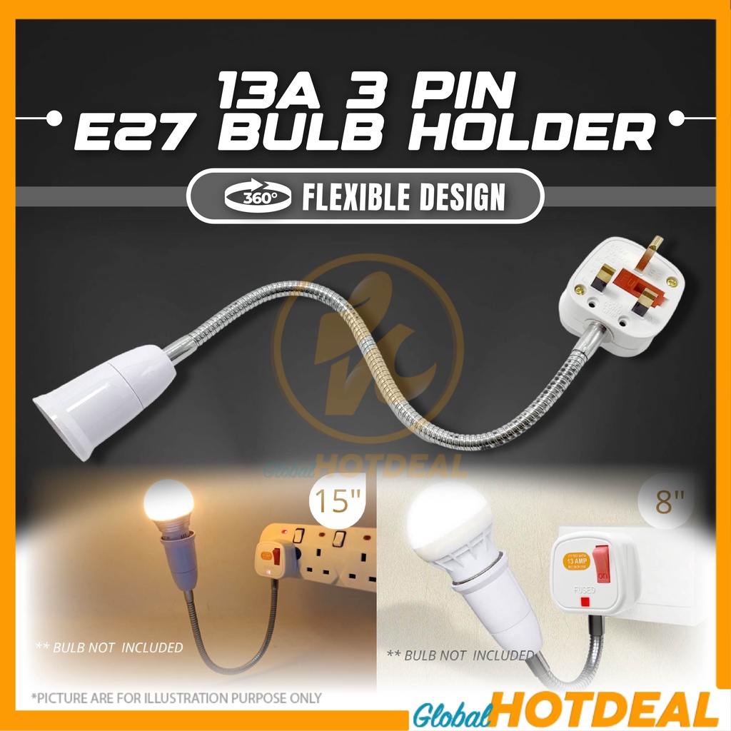 8"/ 15" 13A 3pin Plug Top E27 Light Bulb Lamp Holder Bendable Flexible ...