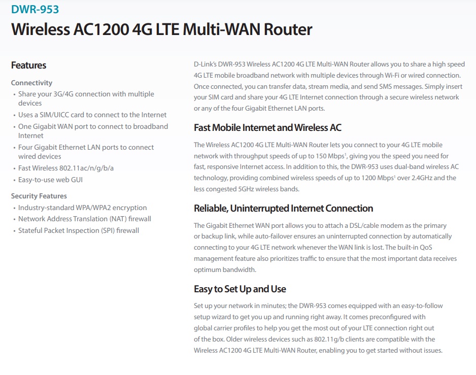 D-LINK DWR-953 AC1200 Wireless Dual Band 4G LTE Gigabit Router DWR ...