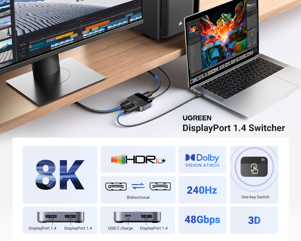 UGREEN DisplayPort 1.4 Splitter Switcher 2 in 1 Out 8K30Hz 4K240Hz Free ...
