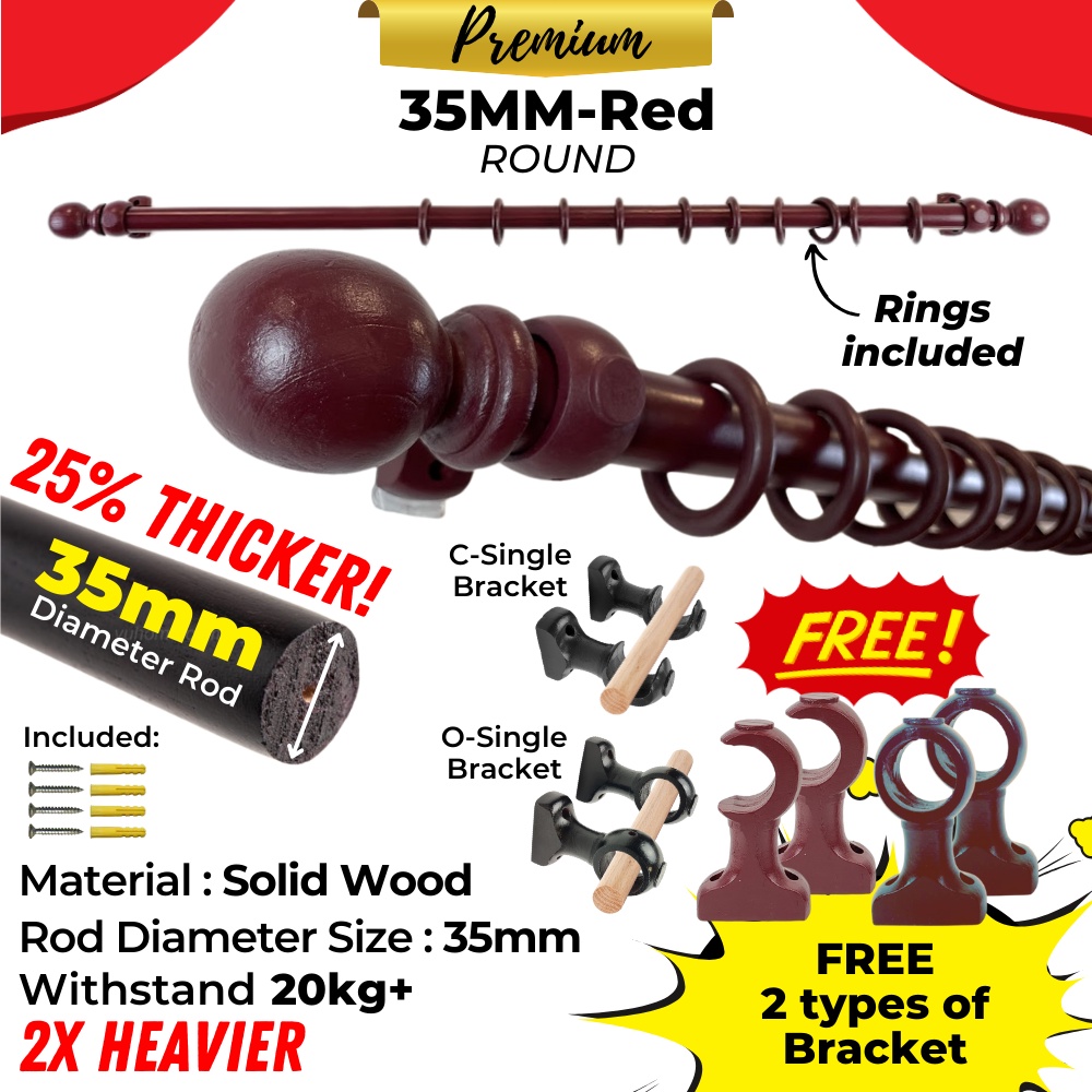 SUPERSAVE (No Ring) Wooden Curtain Rod 28MM Heavy Duty Wooden Rod Solid ...