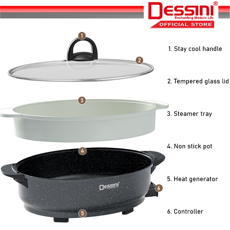 DESSINI ITALY Electric Cooker Steamboat Hot Pot Non Stick Frying Wok ...