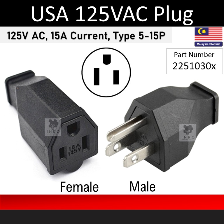 USA 3 Pin Plug Socket, 5-15P, 125V AC 15A, NEMA 5-15, 110V, Cable Mount ...